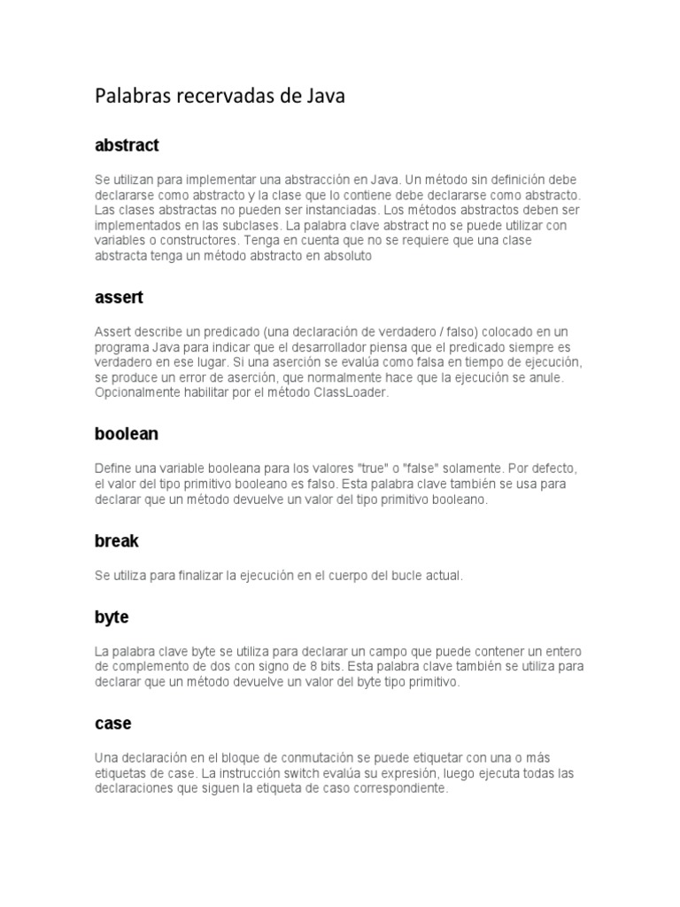 Palabras Recervadas de Java | PDF | Java (lenguaje de programación ...