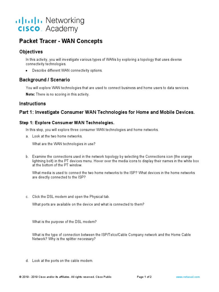 7.6.1 Packet Tracer - WAN Concepts | PDF | Wide Area Network | Computer ...