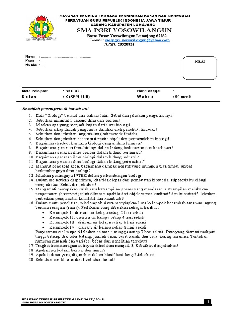 Soal Uts Gasal Sma Pgri Biologi X | PDF | Kesehatan Holistik | Sains & Matematika