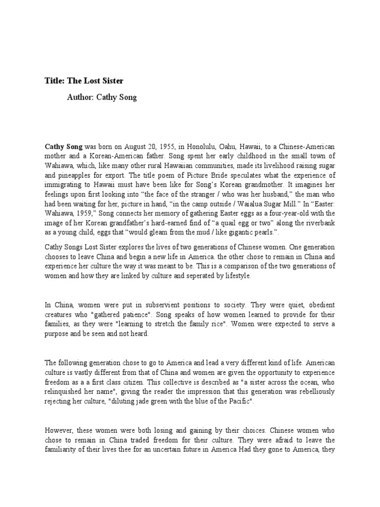 The struggles of cultural identity in Cathy Song's The Lost Sister ...