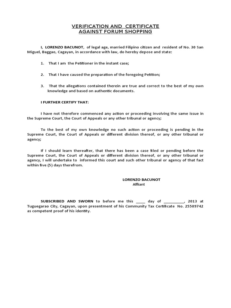 Verification and Certificate | PDF | Affidavit | Courts