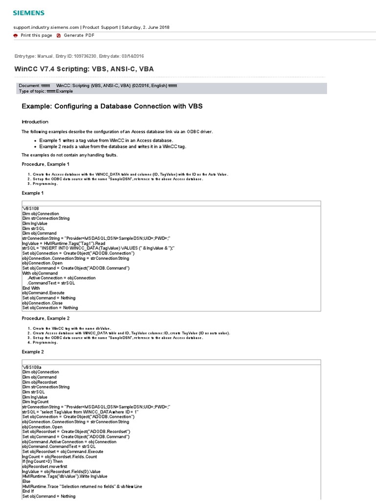 Example Configuring A Database Connection With VBS | PDF | Databases | Data Management