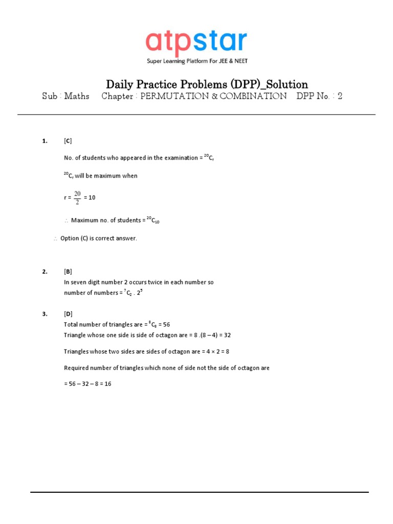 Daily Practice Problems (DPP) - Solution: Permutation & Combination | PDF | Euclidean Plane ...
