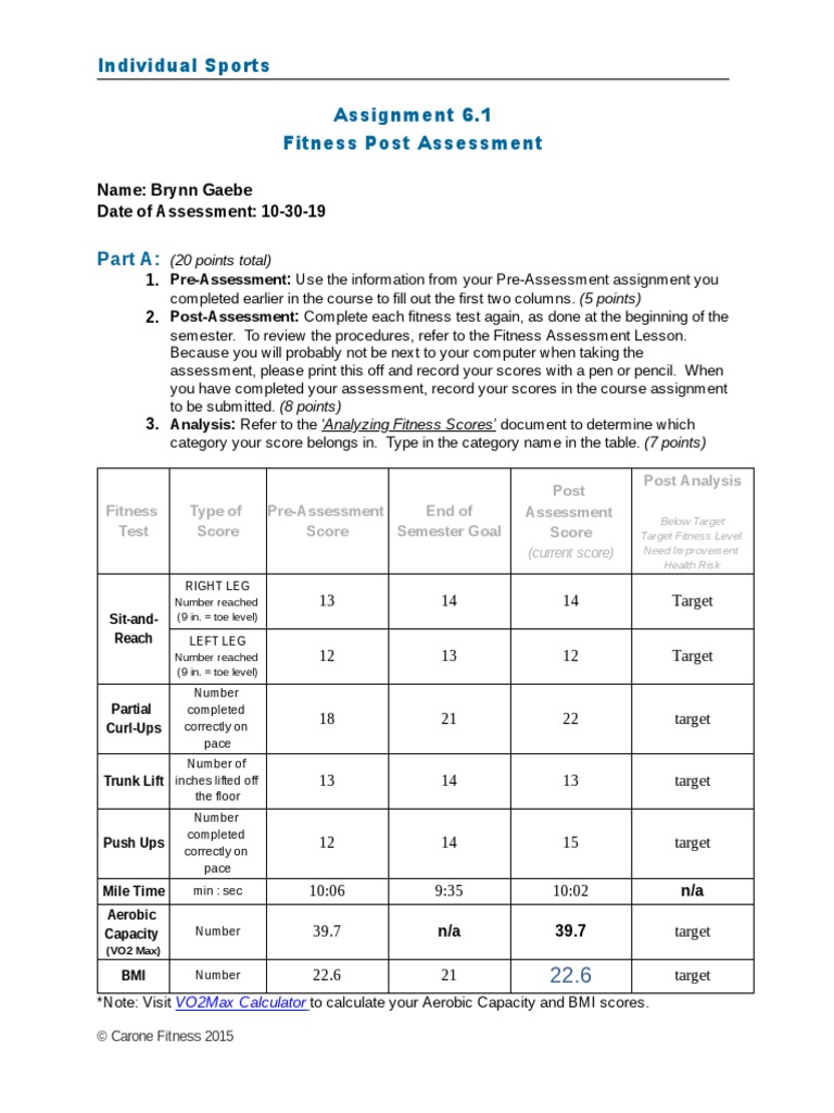 Part A:: Individual Sports Assignment 6.1 Fitness Post Assessment | PDF ...