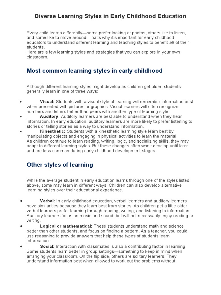 Diverse Learning Styles in Early Childhood Education | PDF | Learning ...