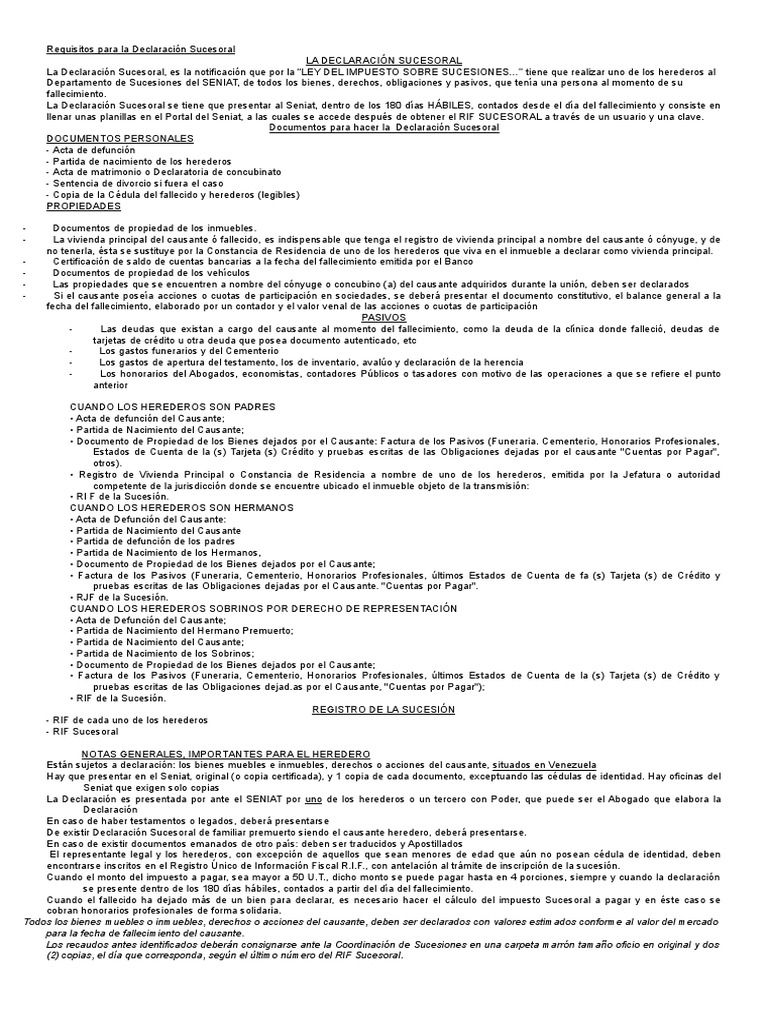 Requisitos Declaración y Rif Sucesoral | PDF | Herencia | Impuestos