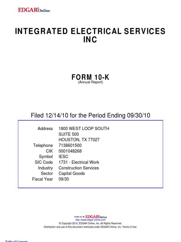 Integrated Electrical Services INC: FORM 10-K | PDF | Form 10 K | Debt