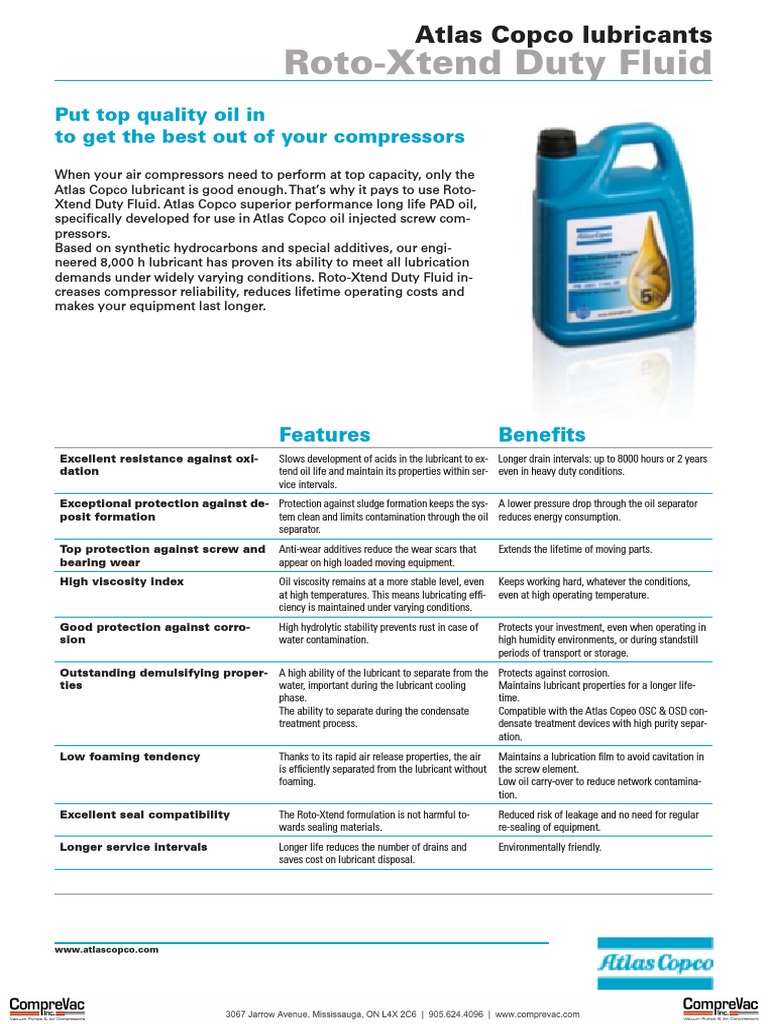 Roto-Xtend Duty Fluid: Atlas Copco Lubricants | PDF | Lubricant | Motor Oil