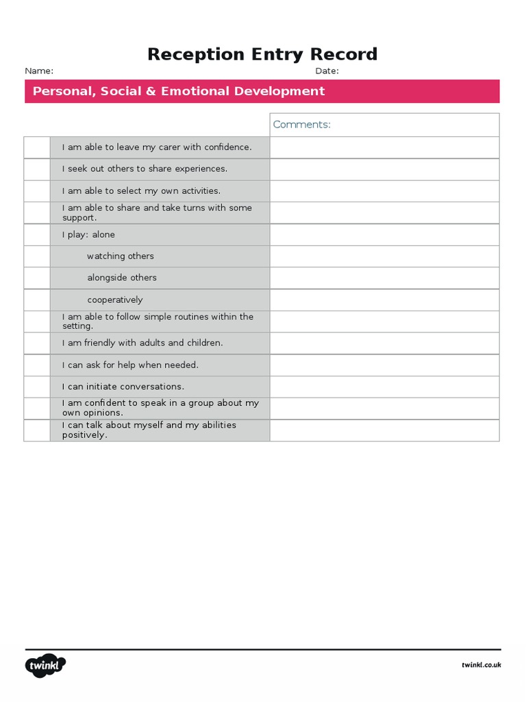 EYFS Reception On Entry Assessment Record Editable | PDF | Cognition ...