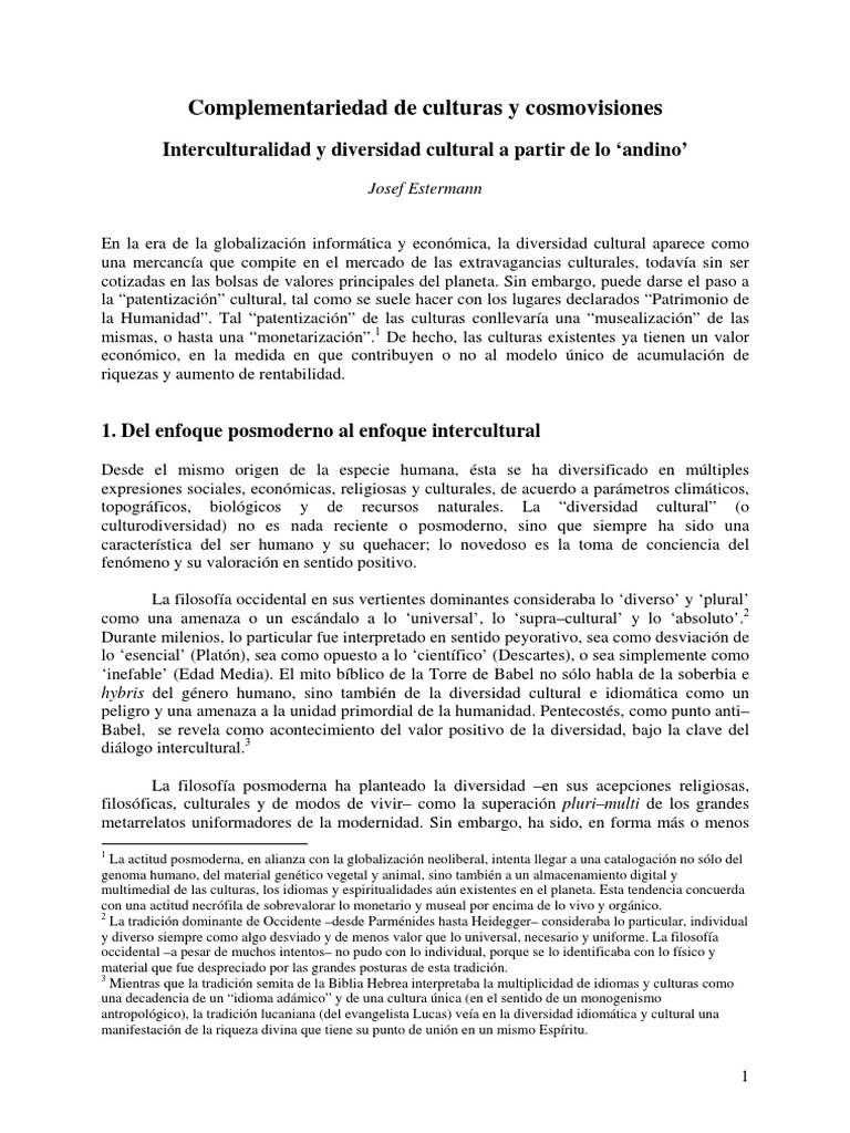 Plementariedad de Culturas y Cosmovisiones Esterman PDF | PDF ...