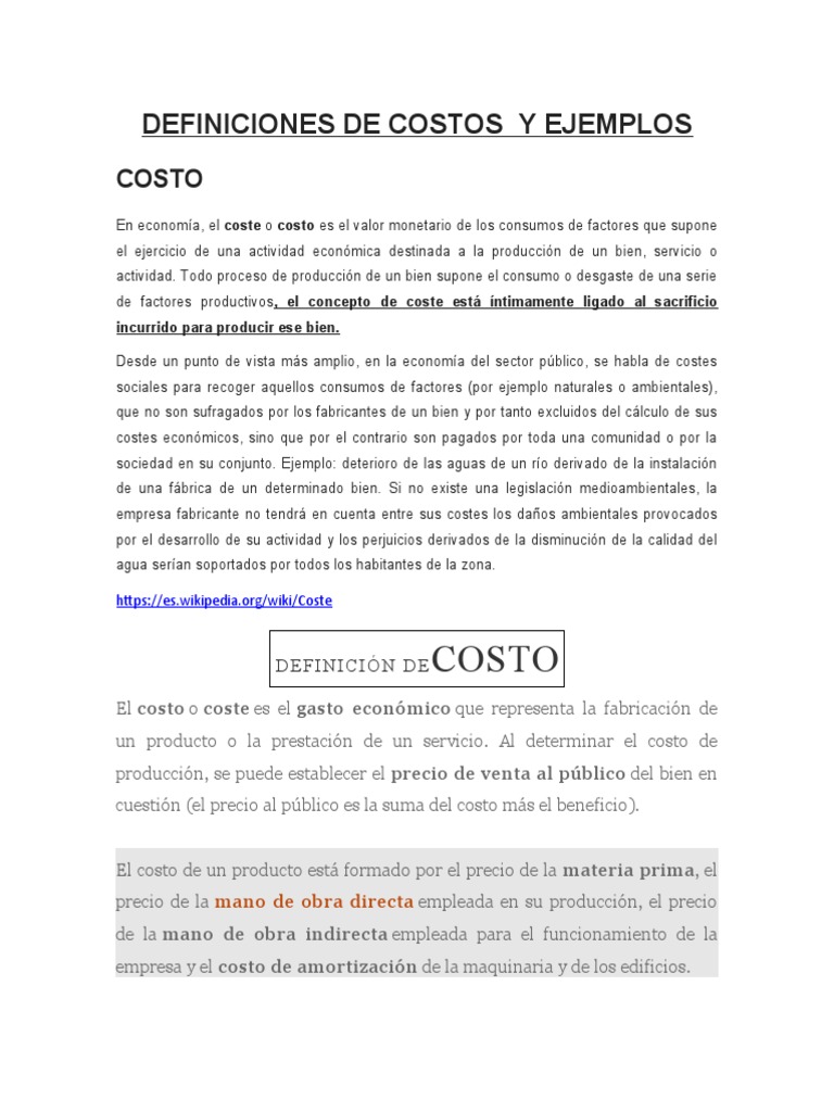Definiciones de Costos y Ejemplos | PDF | Costo | Negocios económicos
