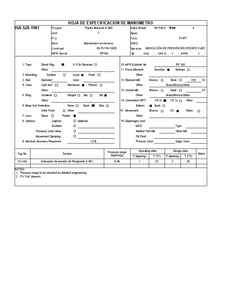 Hoja de Especificación de Manómetro ISA-S20-1981 | Download Free PDF ...