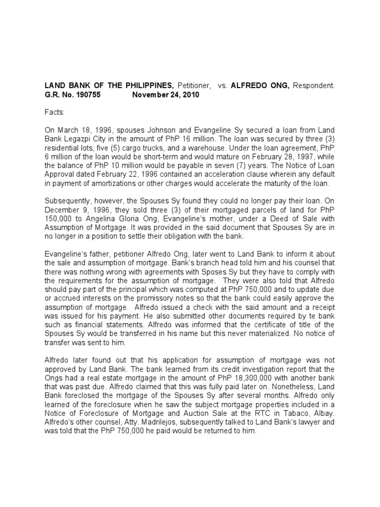 Land Bank vs. Ong Case Explained | PDF | Mortgage Loan | Foreclosure