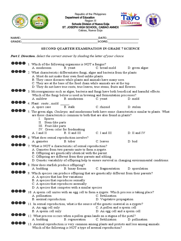 2nd QUARTER EXAM IN GRADE 7 SCIENCE | PDF | Waves | Reproduction
