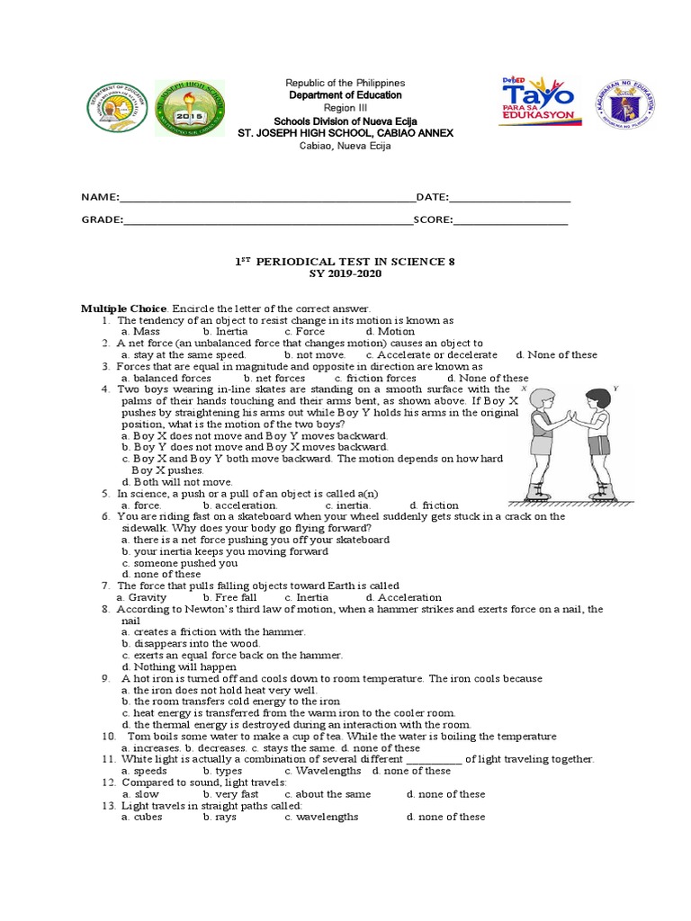 Science 8 First Quarter Test 2019-2020 | PDF | Newton's Laws Of Motion ...