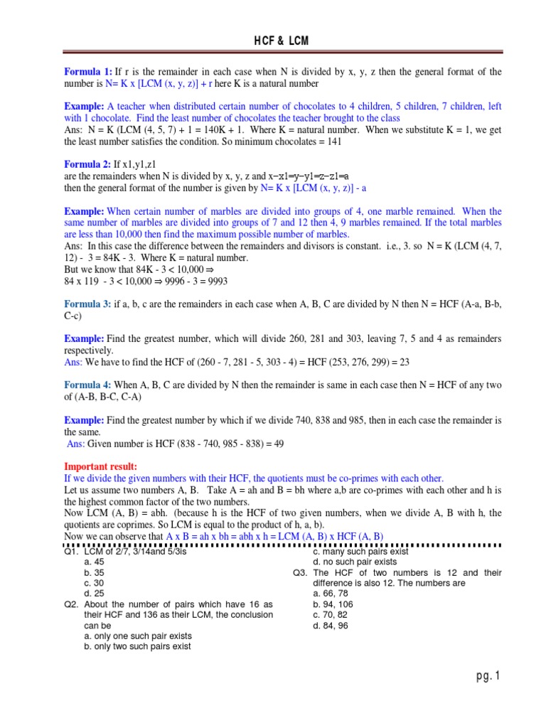Formulas and Examples for Finding HCF and LCM | PDF | Arithmetic ...