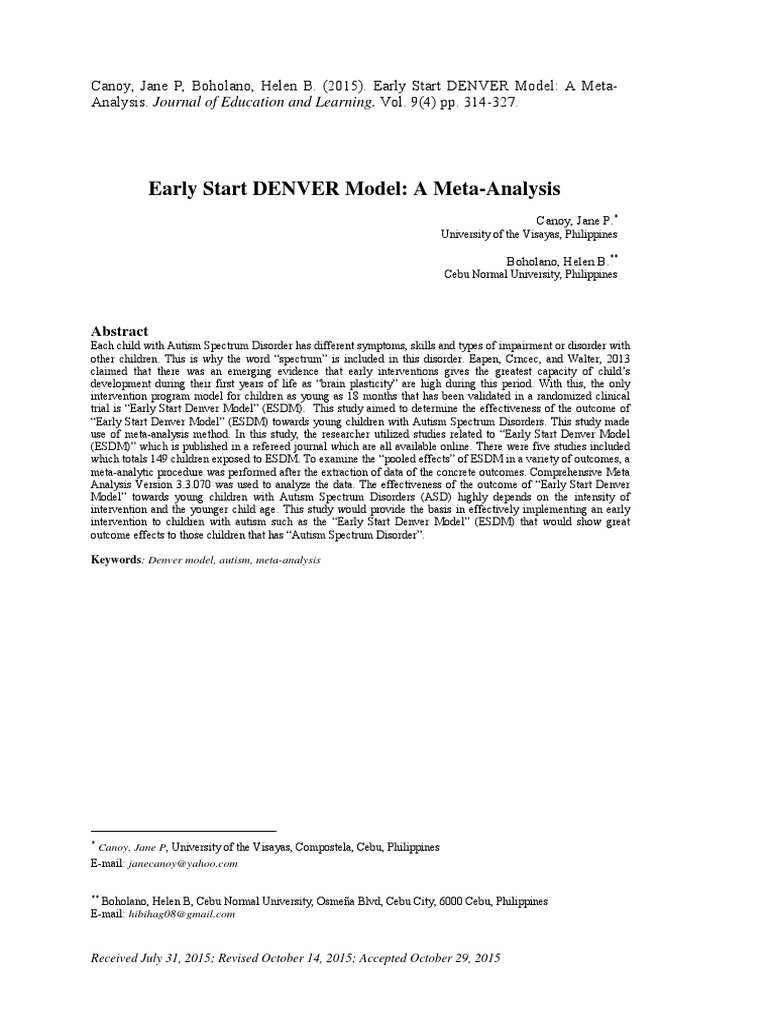 Early Start DENVER Model: A Meta-Analysis | PDF | Autism Spectrum | Autism