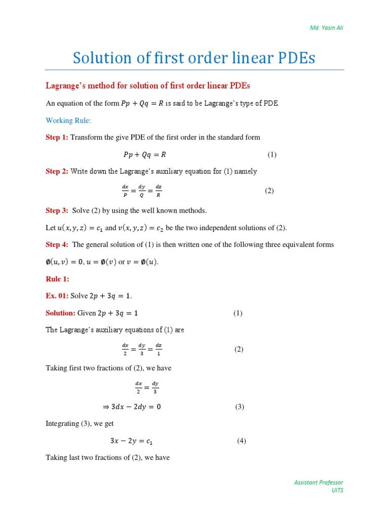 Solution of First Order Linear PDE | PDF | Partial Differential Equation | Differential Calculus