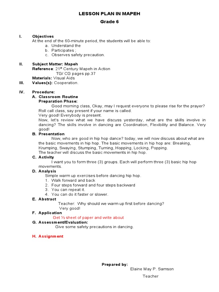 Grade 6 Hip Hop Dance Lesson Plan | PDF | Career & Growth | Language ...