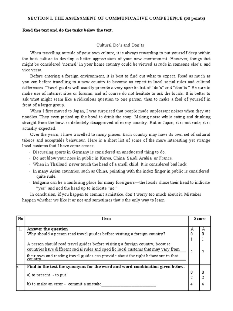Section I. The Assessment of Communicative Competence (30 Points) Read ...