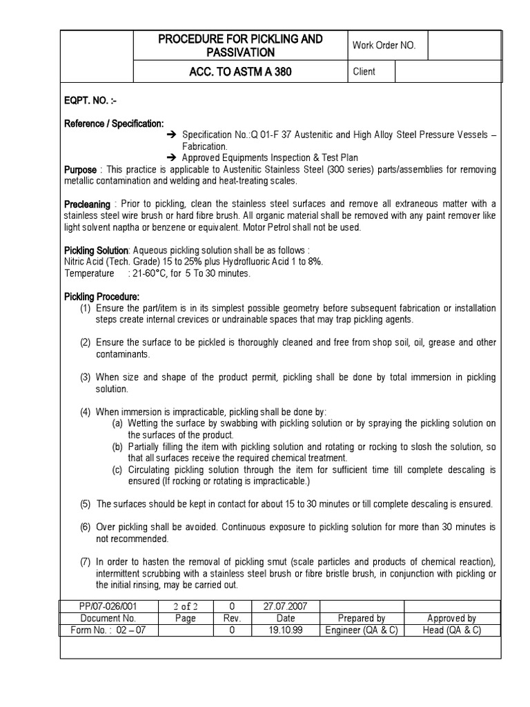 Procedure For Pickling and Passivation Acc. To Astm A 380 | Download ...