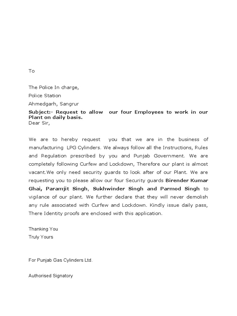 Subject:-Request To Allow Our Four Employees To Work in Our Plant On ...