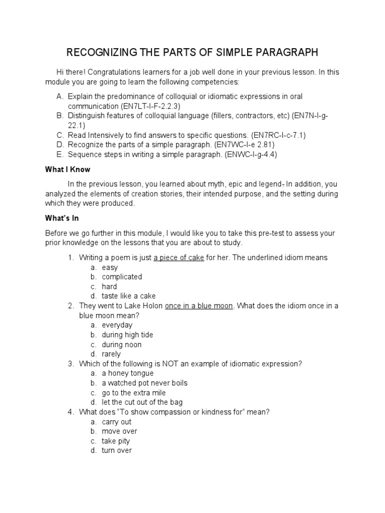 Recognizing The Parts of Simple Paragraph: What I Know | PDF | Idiom ...