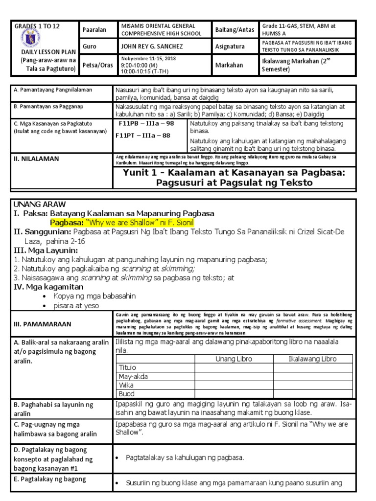 PAGBASA AT PAGSUSURI First Week | PDF
