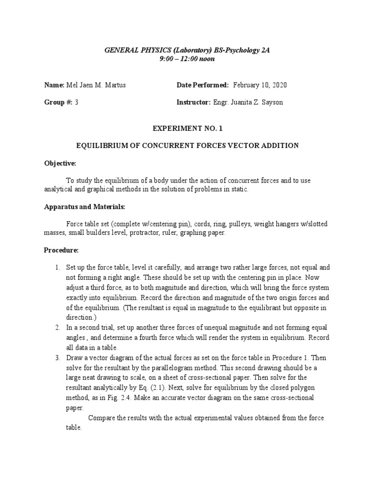 Equilibrium of Concurrent Forces Experiment | PDF | Force | Euclidean Vector