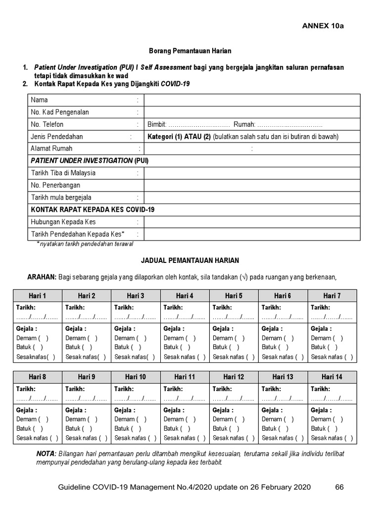 Annex 10a Borang Pemantauan Harian Bagi Kontak - 26022020 PDF | PDF