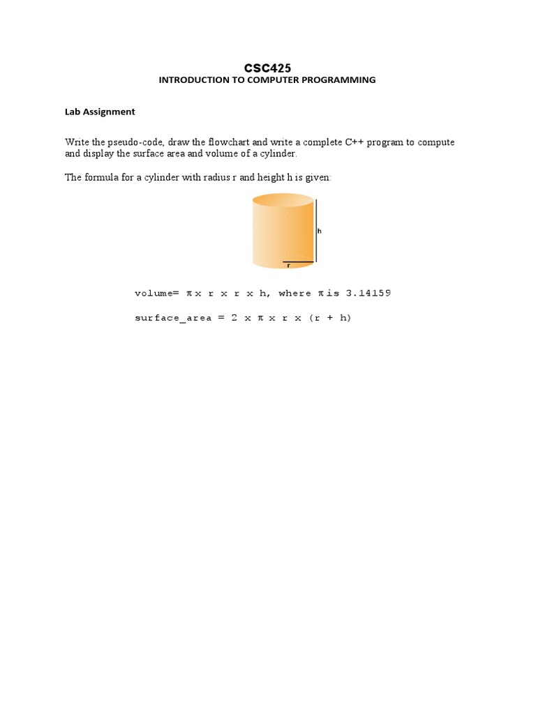 CSC425 Surface Area and Volume of A Cylinder | PDF