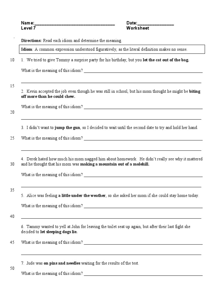 Grade 7 Idioms Worksheet | PDF