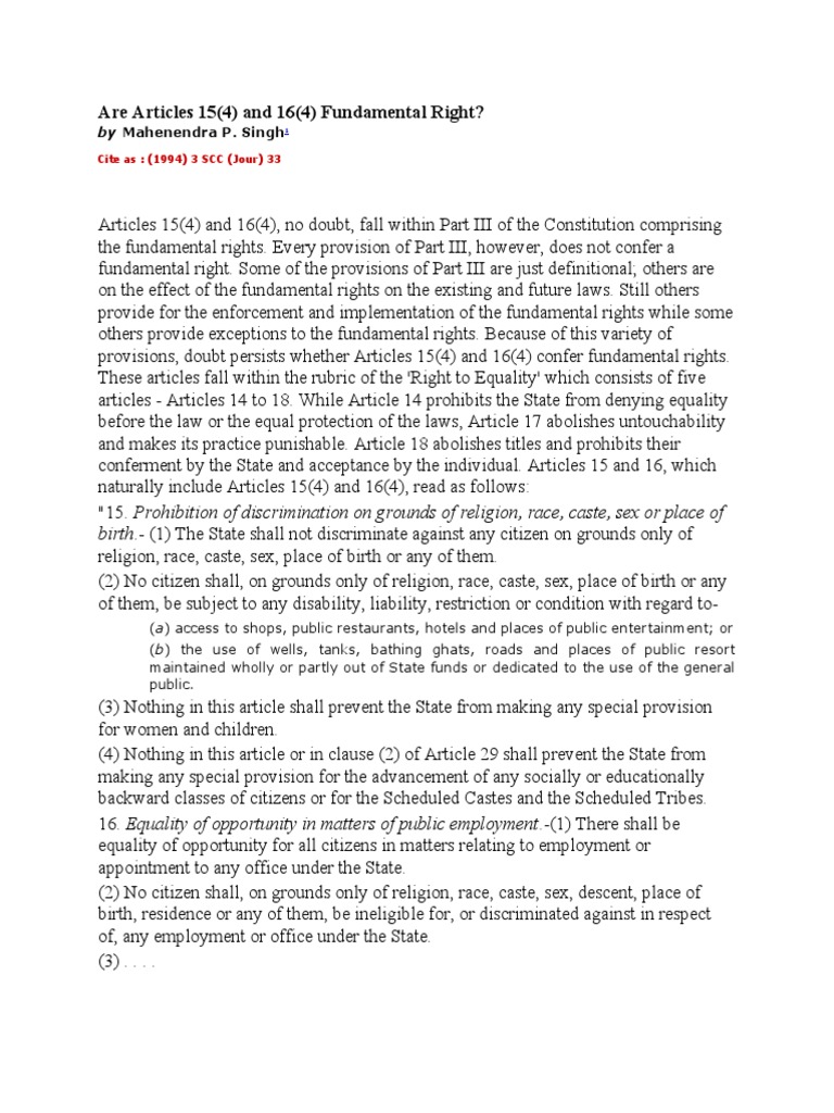 Reading 6 - (10) M.P. Singh On Are Article 15 (4) and 16 (4 ...