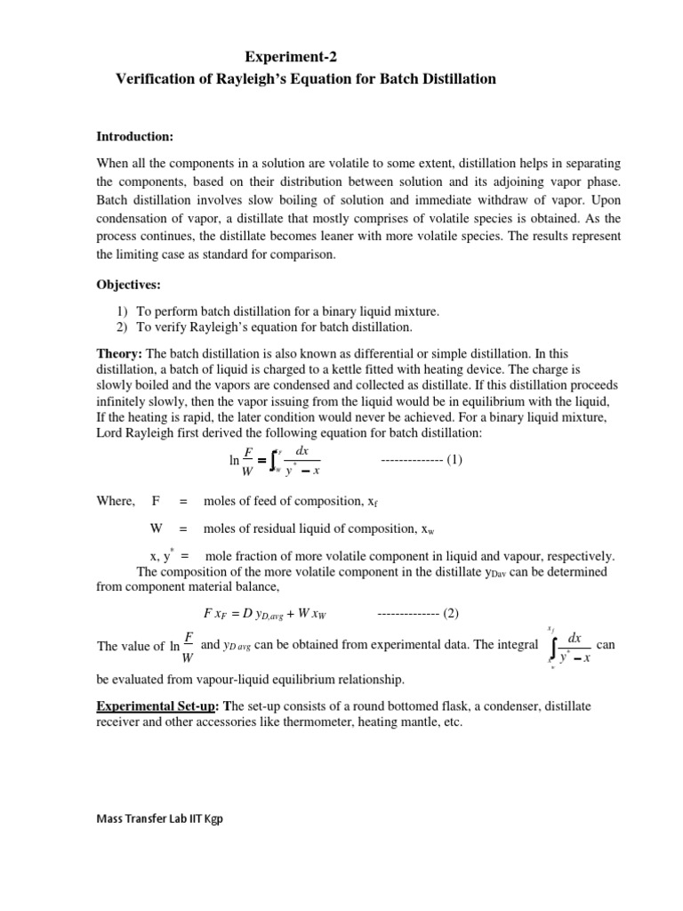 EXP-2 Verification of Rayleigh Equation For Batch Distillation | PDF ...