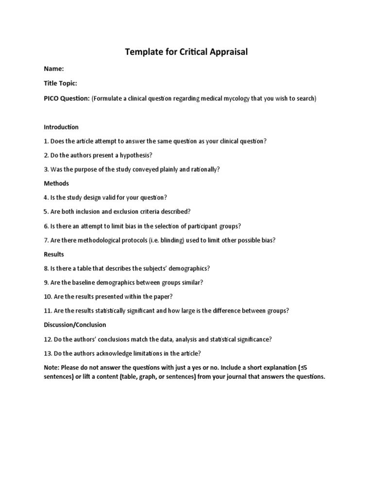 Template For Critical Appraisal: Name: Title Topic: PICO Question | PDF