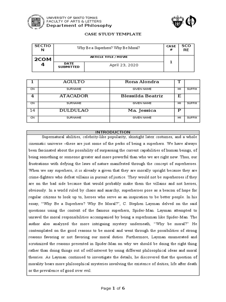 Department of Philosophy: Case Study Template Sectio N SCO RE 1 | PDF ...