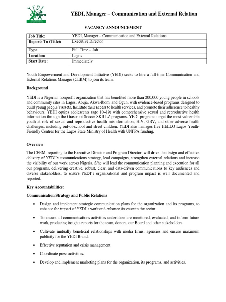 JD - Comms& ER Manager | PDF | Public Relations | Policy