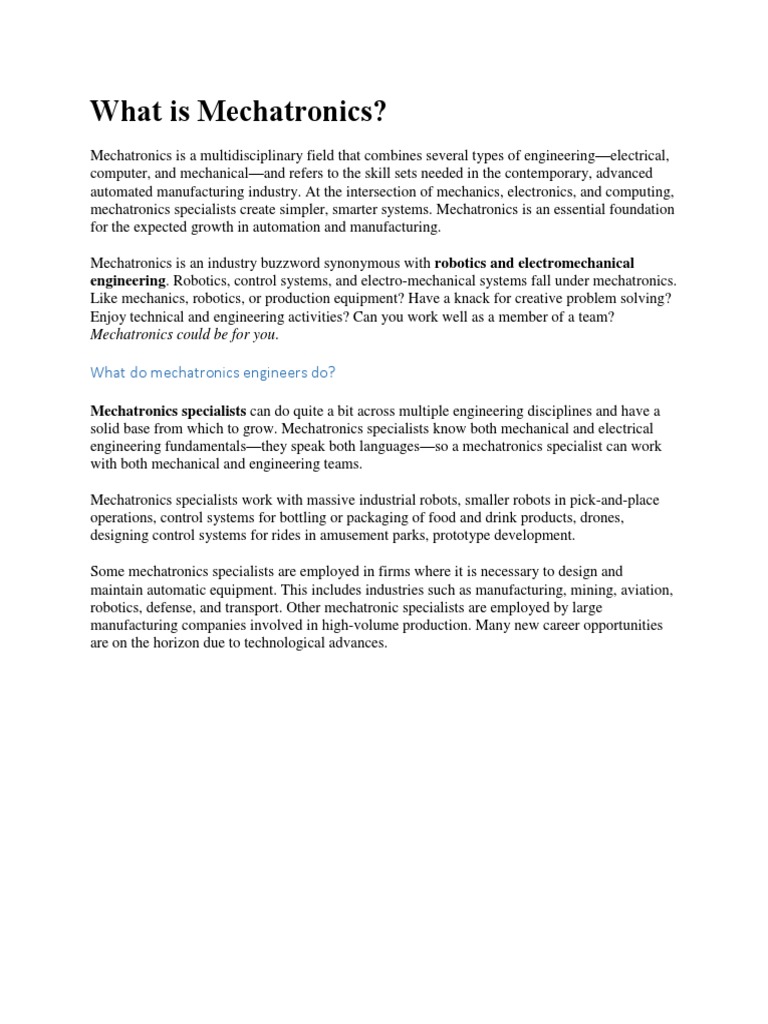 What Do Mechatronics Engineers Do | PDF