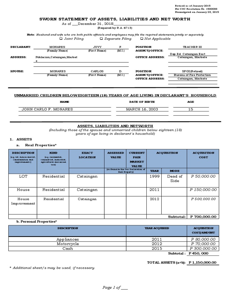 SALN Form 2017 Downloadable Word and PDF File | PDF | Net Worth ...
