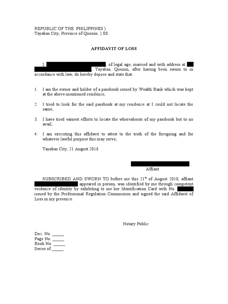 Affidavit of Loss Sample Philippines | PDF