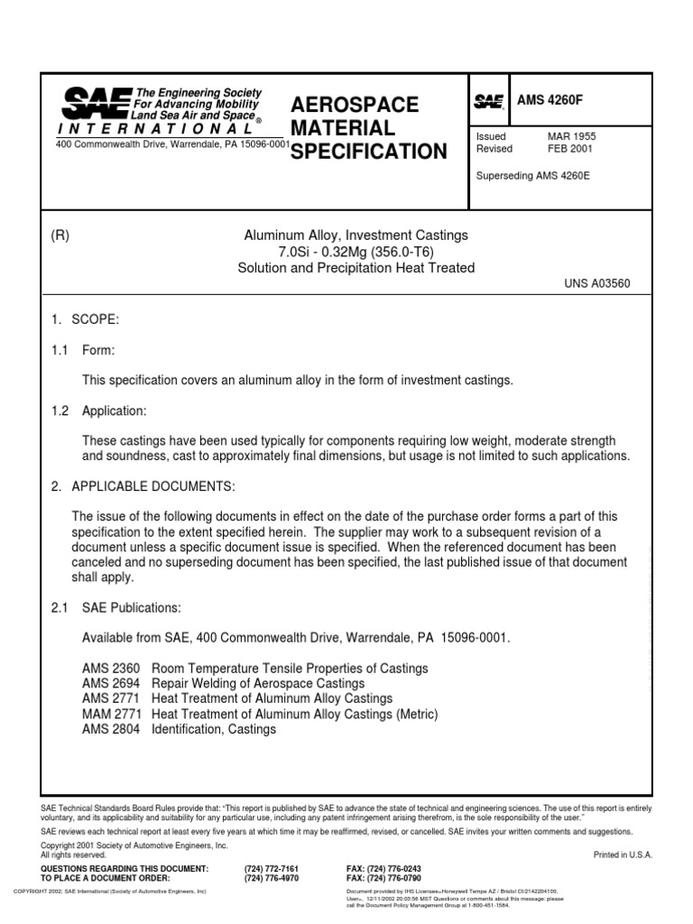 Aerospace Material Specification | PDF | Casting (Metalworking) | Heat Treating