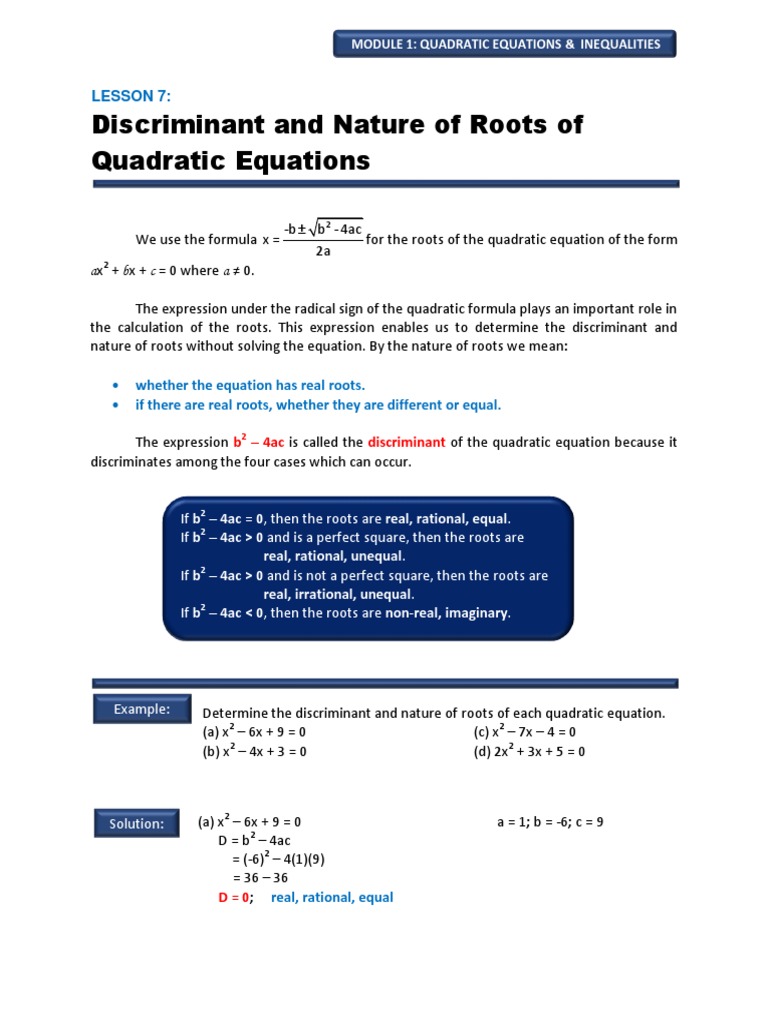 Discriminant and Nature of Roots of Quadratic Equations: Lesson 7 | PDF ...