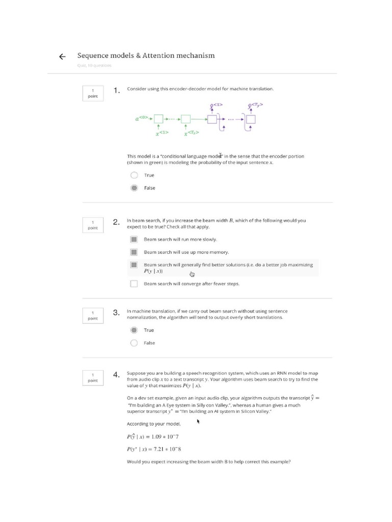 Course 5 - Week 3 - Quiz - Sequence Models & Attention Mechanism | PDF
