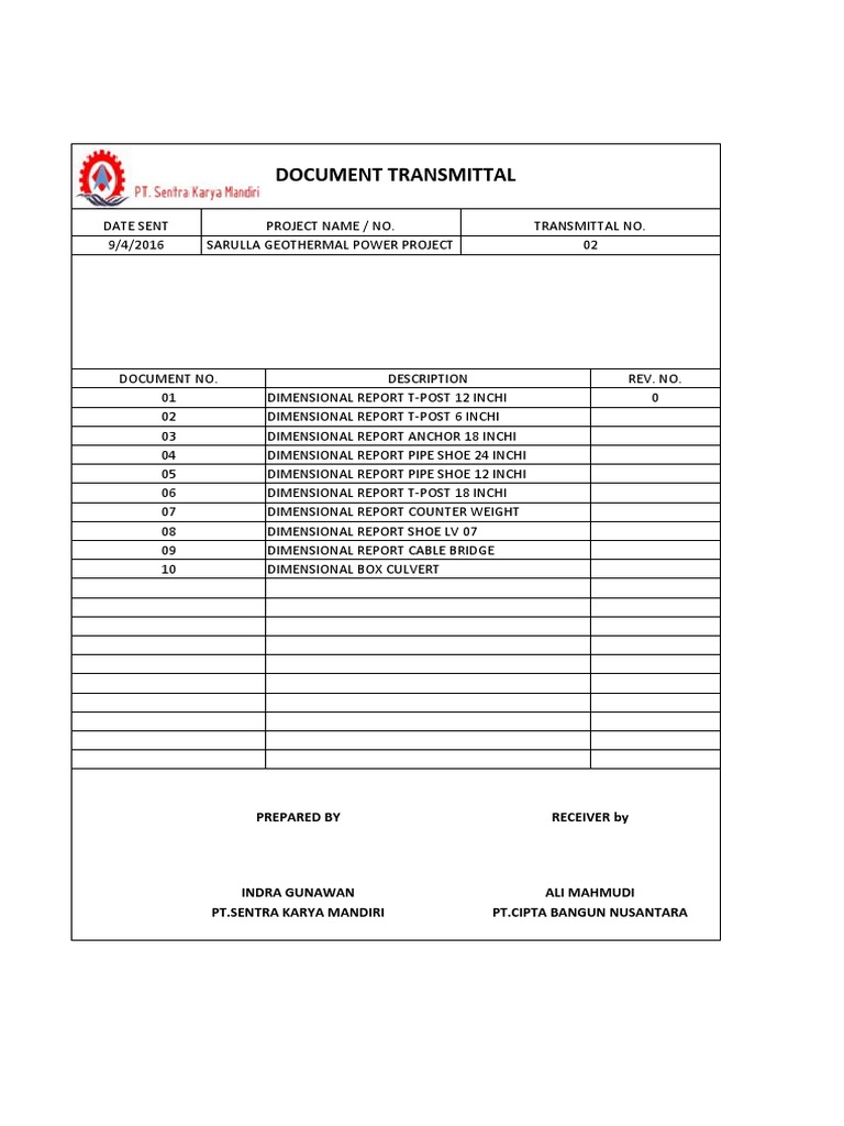 Document Transmittal: Prepared by Receiver by | PDF | Industrial ...