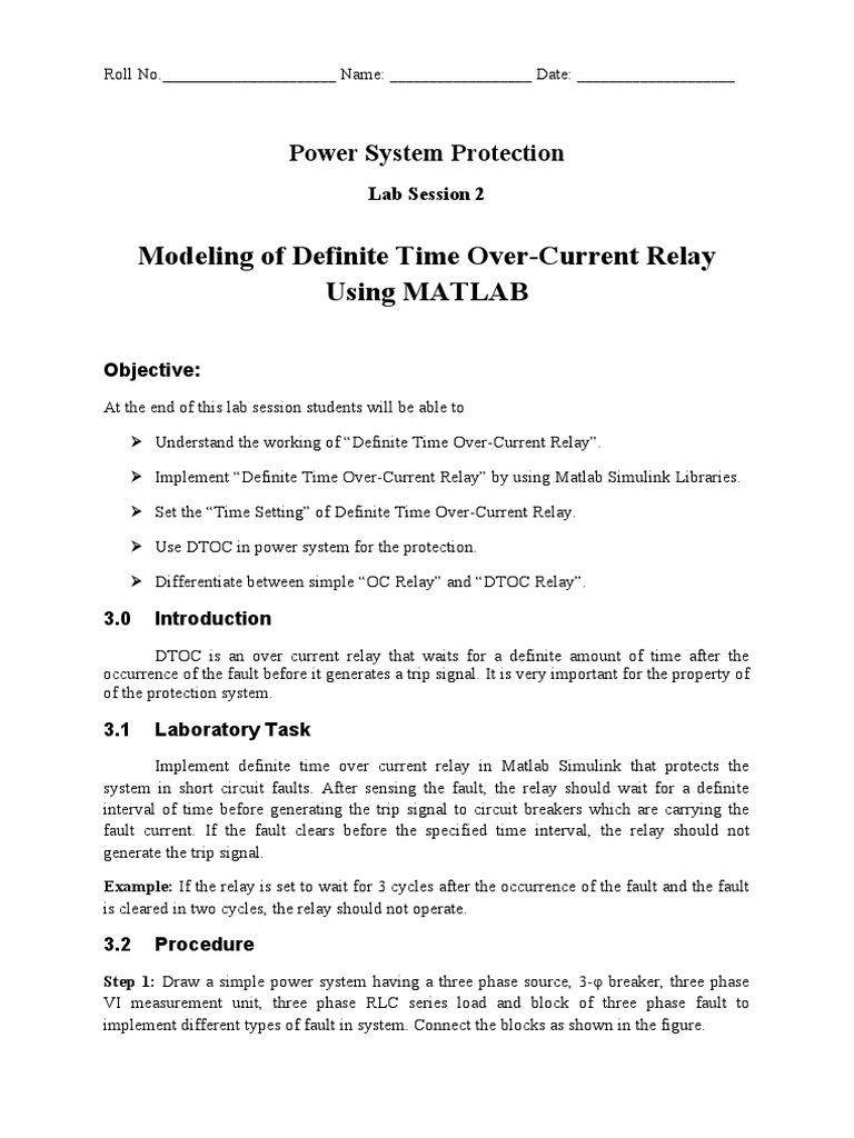 Modeling of Definite Time Over-Current Relay Using MATLAB: Power System ...