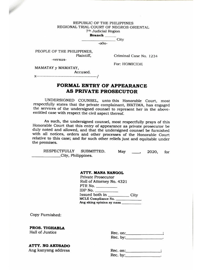 Formal Entry of Appearance As Private Prosecutor | PDF