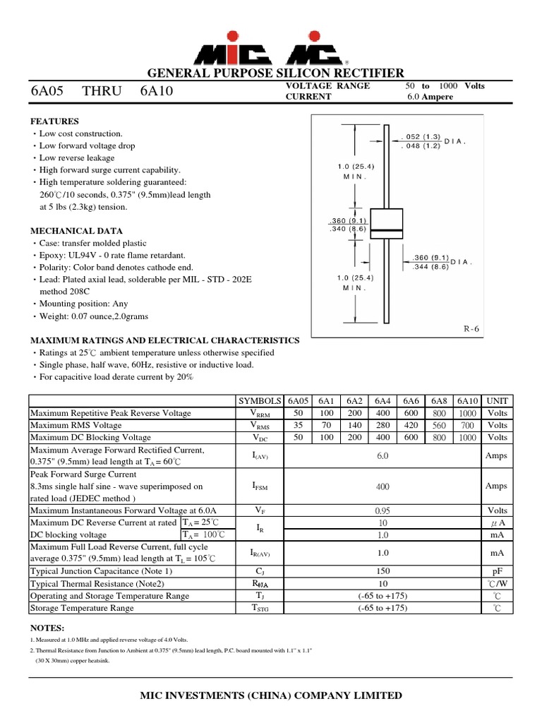 6A05 Thru 6A10: General Purpose Silicon Rectifier | PDF | Rectifier ...