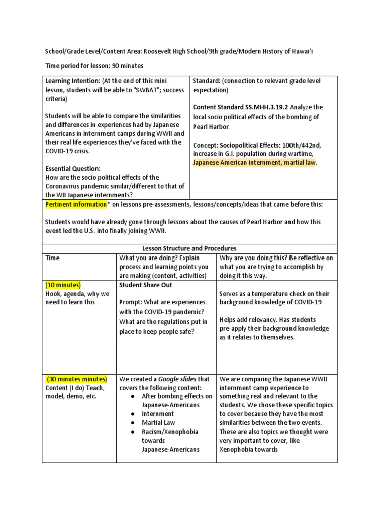 Lesson Study - Lesson Plan | PDF | Internment Of Japanese Americans ...