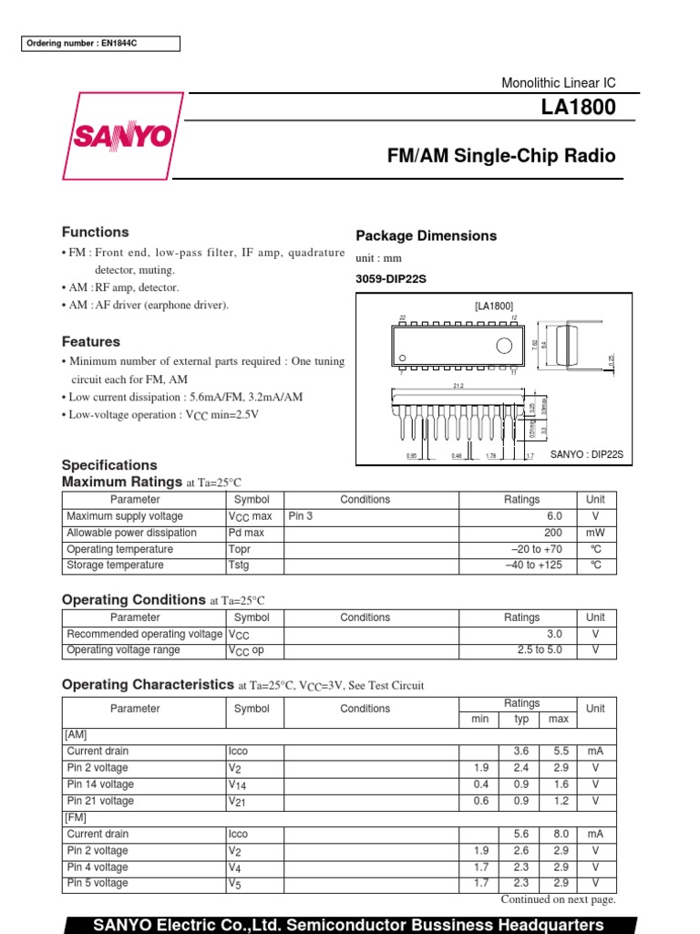FM/AM Single-Chip Radio: Monolithic Linear IC LA1800 | PDF | Capacitor ...