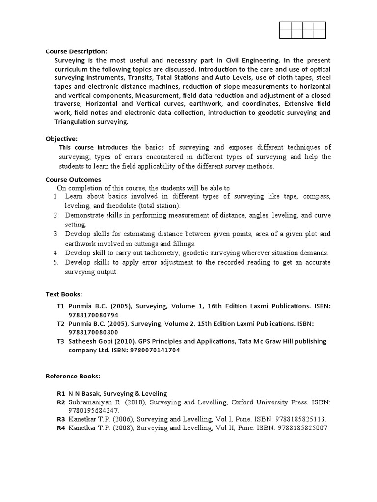 An Introduction to Surveying: Course Objectives, Topics, Outcomes and ...